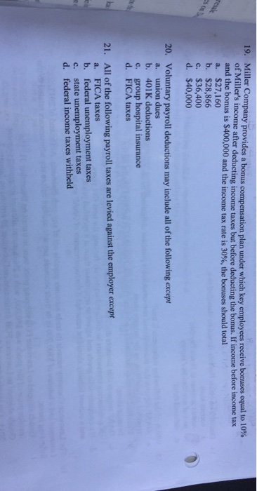 Solved Miller Company provides a bonus compensation plan | Chegg.com