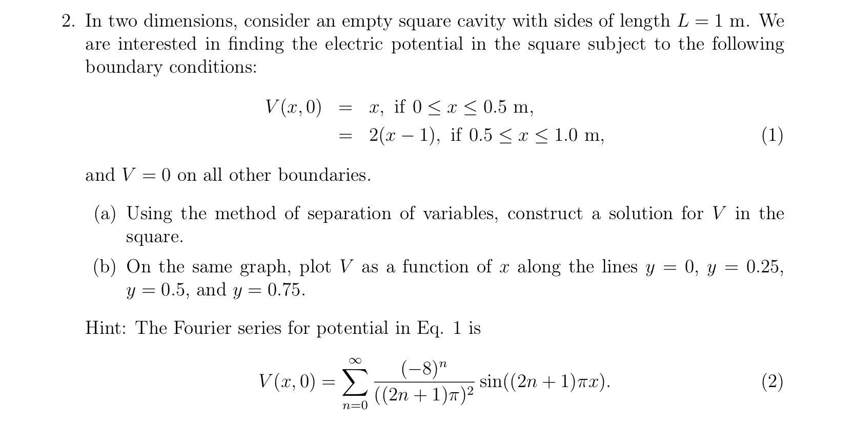 Solved 2. In two dimensions, consider an empty square cavity | Chegg.com