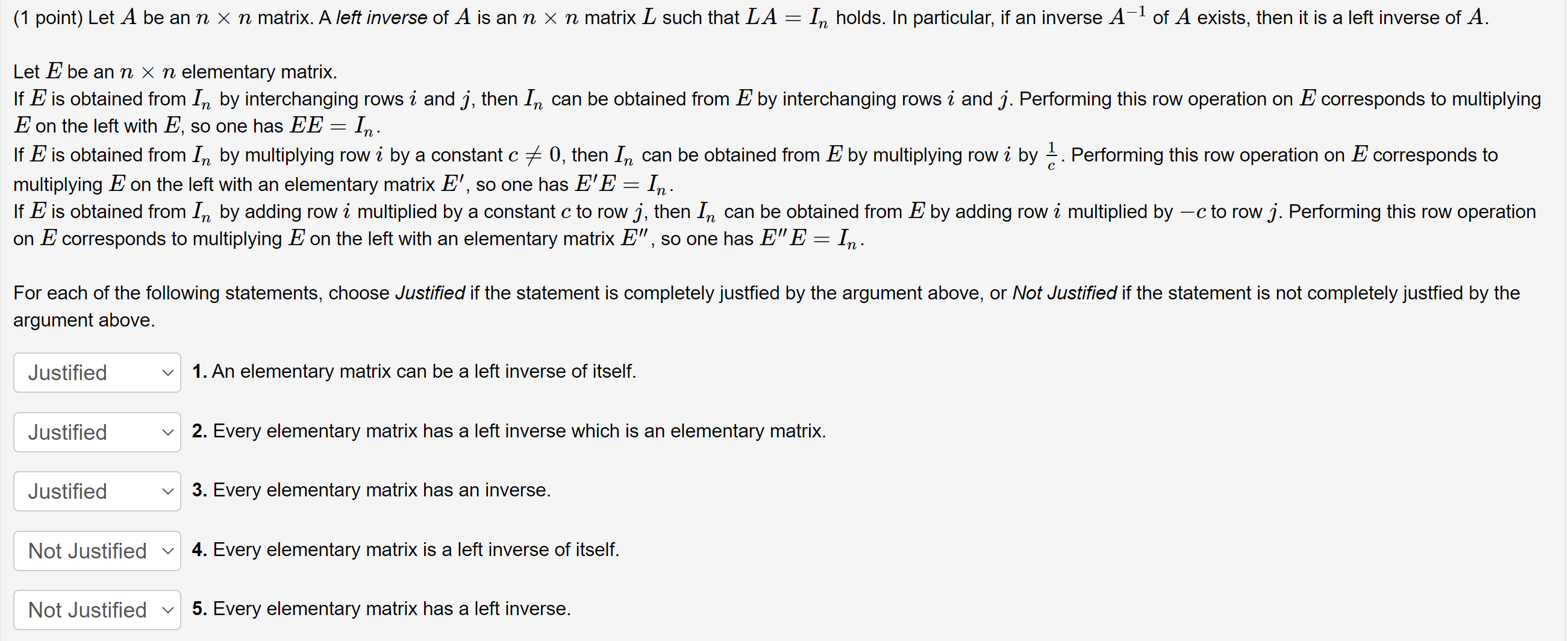 Solved (1 point) Let A be an n×n matrix. A left inverse of A | Chegg.com