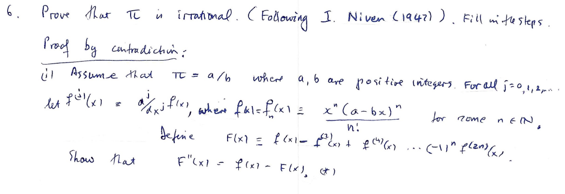 Solved Prove that π is irrational. (Following I. Niven | Chegg.com