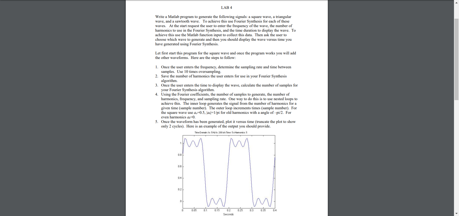 LAB 4 Write a Matlab program to generate the | Chegg.com