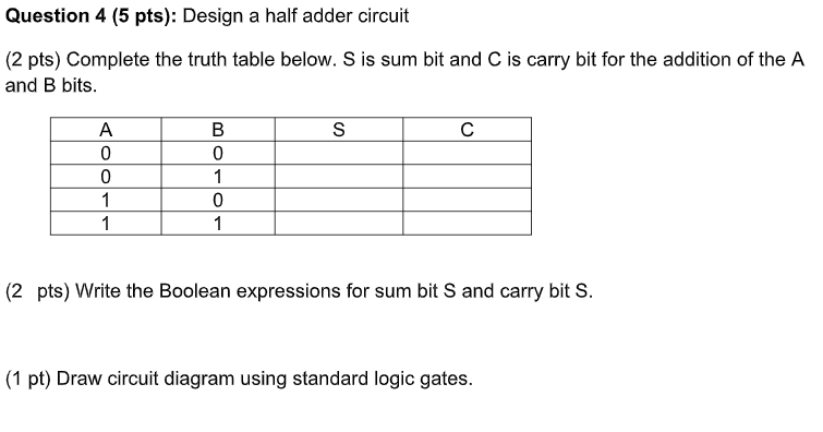 Solved Question 4 (5 pts): Design a half adder circuit ( 2 | Chegg.com