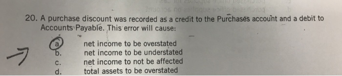 Solved 20. A purchase discount was recorded as a credit to | Chegg.com