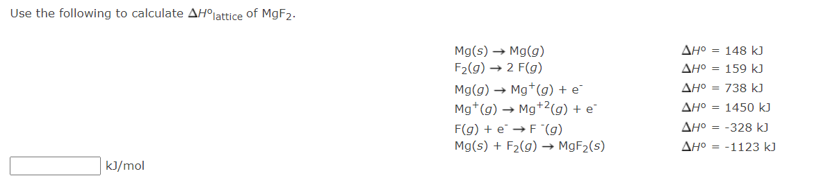Solved Use the following to calculate ΔH∘ lattice of MgF2. | Chegg.com