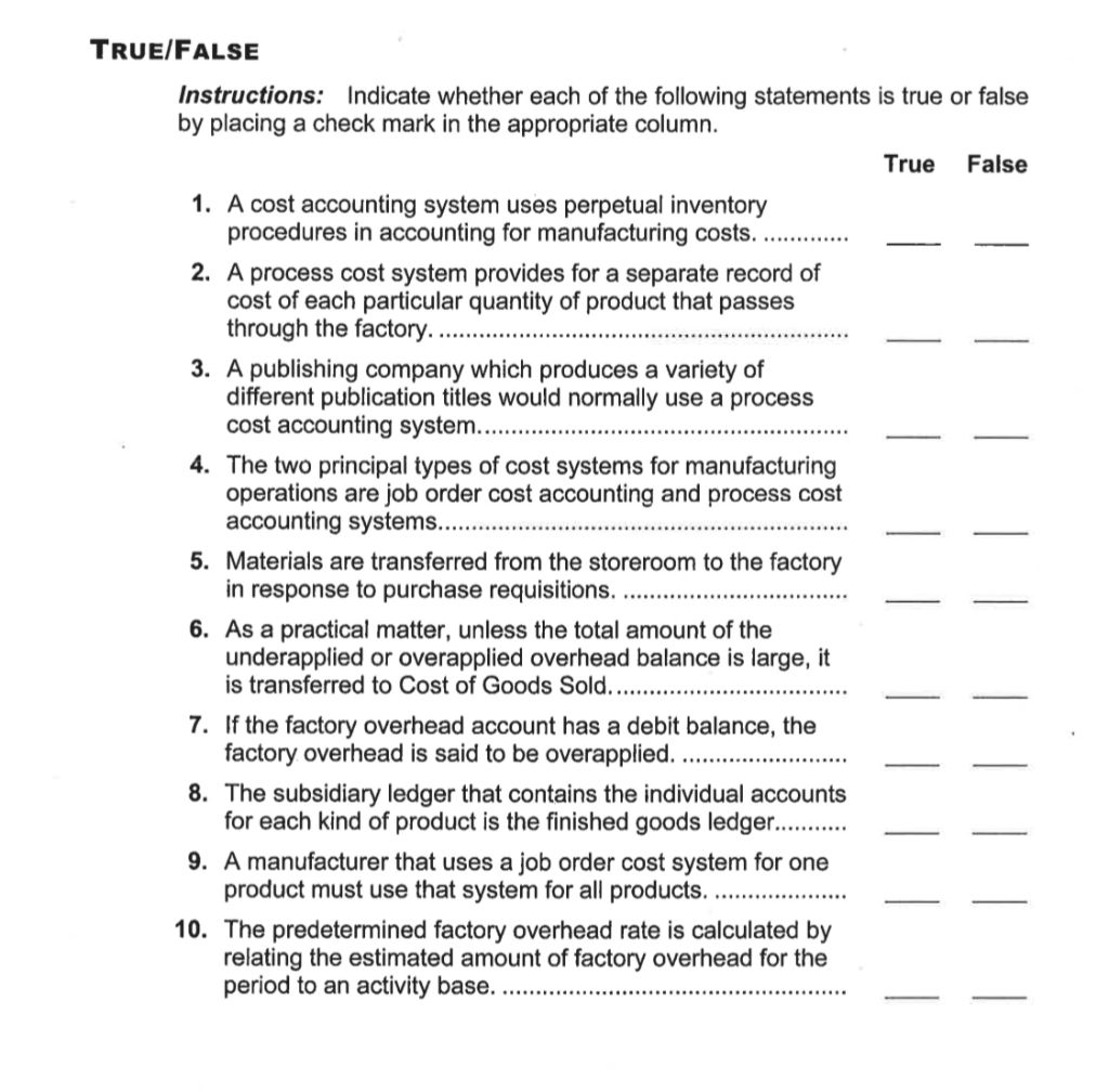 Solved TRUE/FALSE Instructions: Indicate whether each of the | Chegg.com