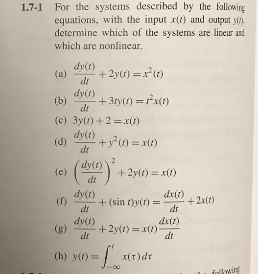 Solved 1.7-1 For the systems described by the following | Chegg.com