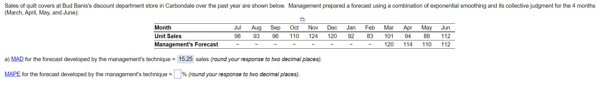 Solved a) MAD for the forecast developed by the management's | Chegg.com