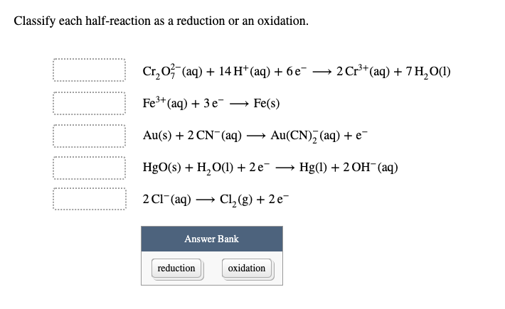 Solved Classify each half-reaction as a reduction or an | Chegg.com