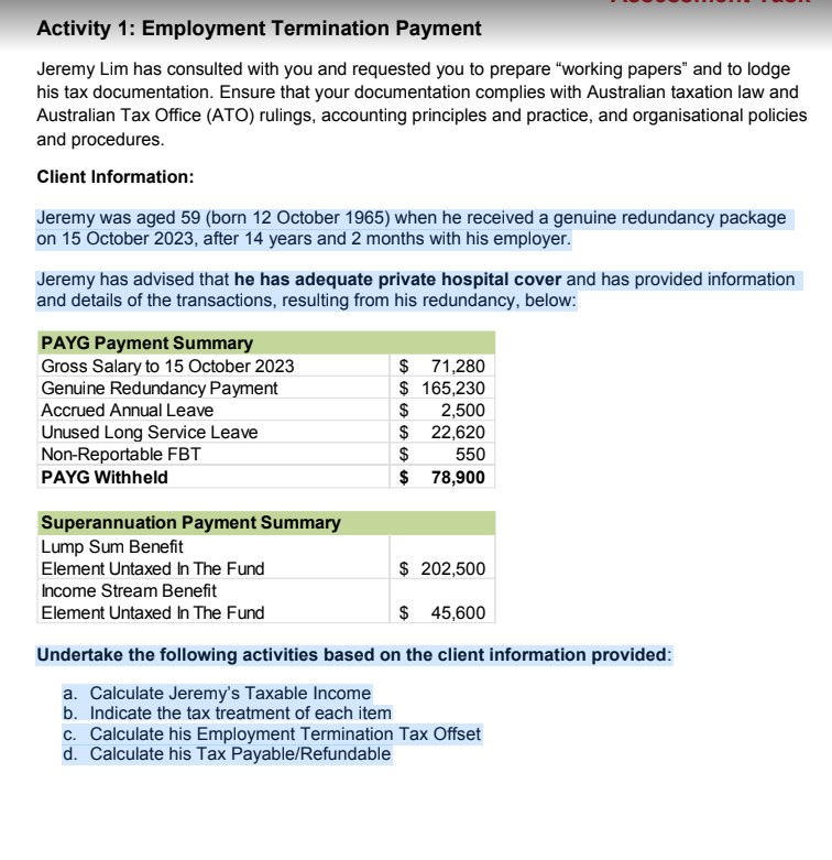 Solved Activity 1: Employment Termination PaymentJeremy Lim | Chegg.com