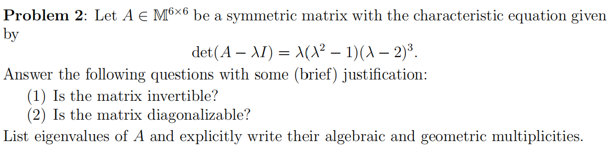 Solved Problem 2: Let A∈M6×6 be a symmetric matrix with the | Chegg.com