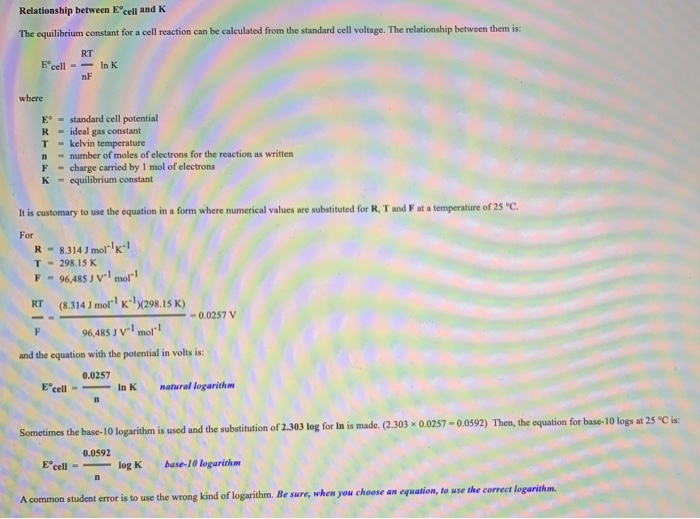 Solved Relationship between E°cell and K The equilibrium | Chegg.com
