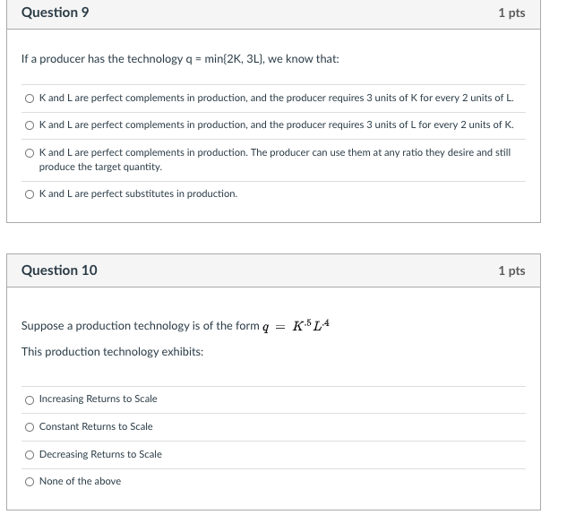 Solved Question 9 1 pts If a producer has the technology q = | Chegg.com