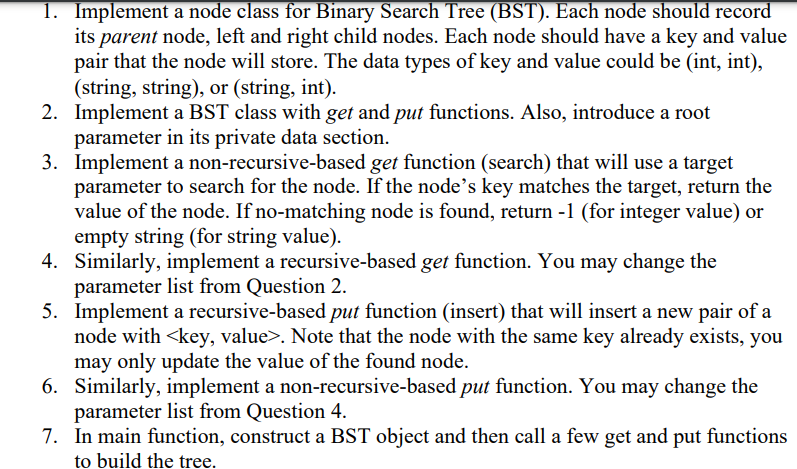 Solved 1. Implement a node class for Binary Search Tree | Chegg.com