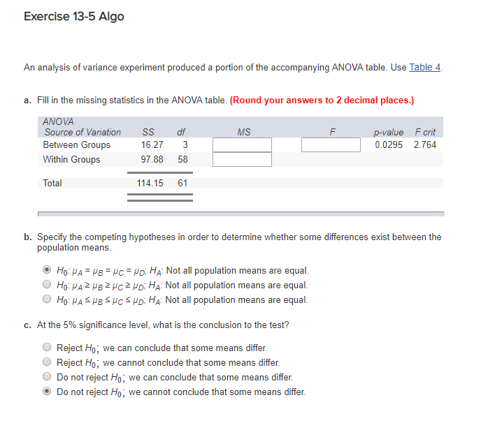 Solved Exercise 13-5 Algo An analysis of variance experiment | Chegg.com