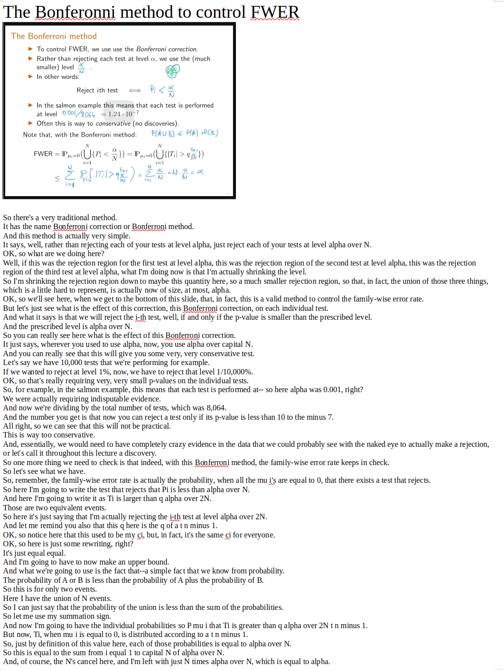 The Bonferonni method to control FWER The Bonferroni | Chegg.com