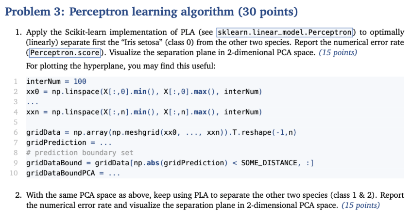Solved Problem 3: Perceptron learning algorithm (30 points) | Chegg.com