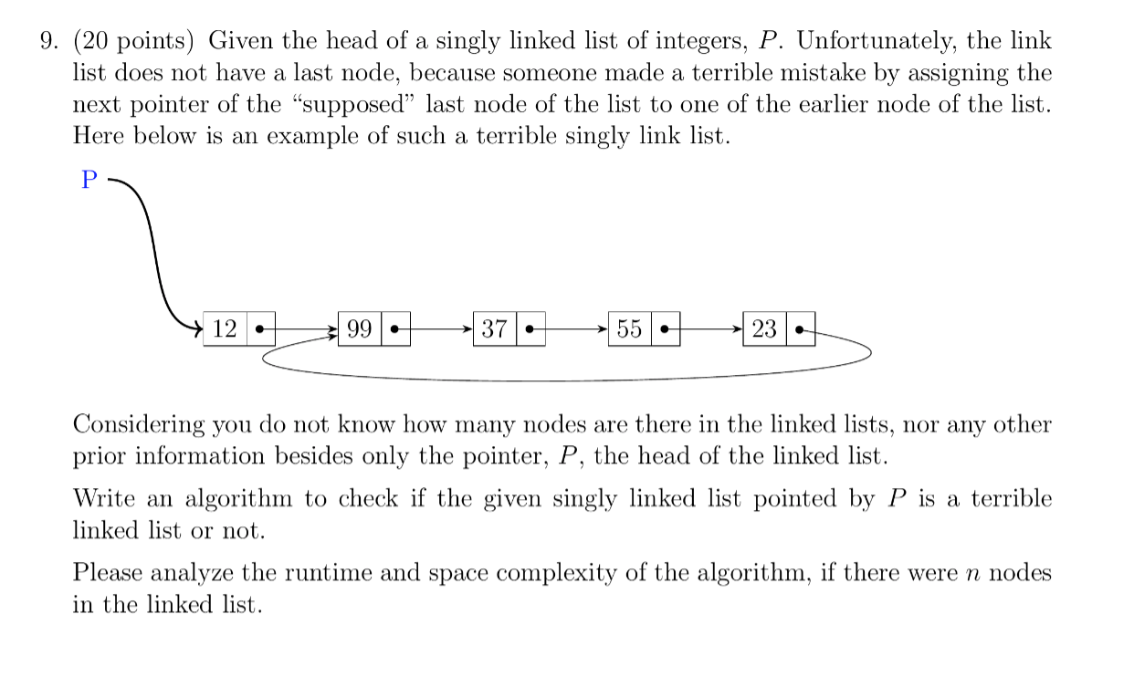 Solved 9. (20 points) Given the head of a singly linked list | Chegg.com