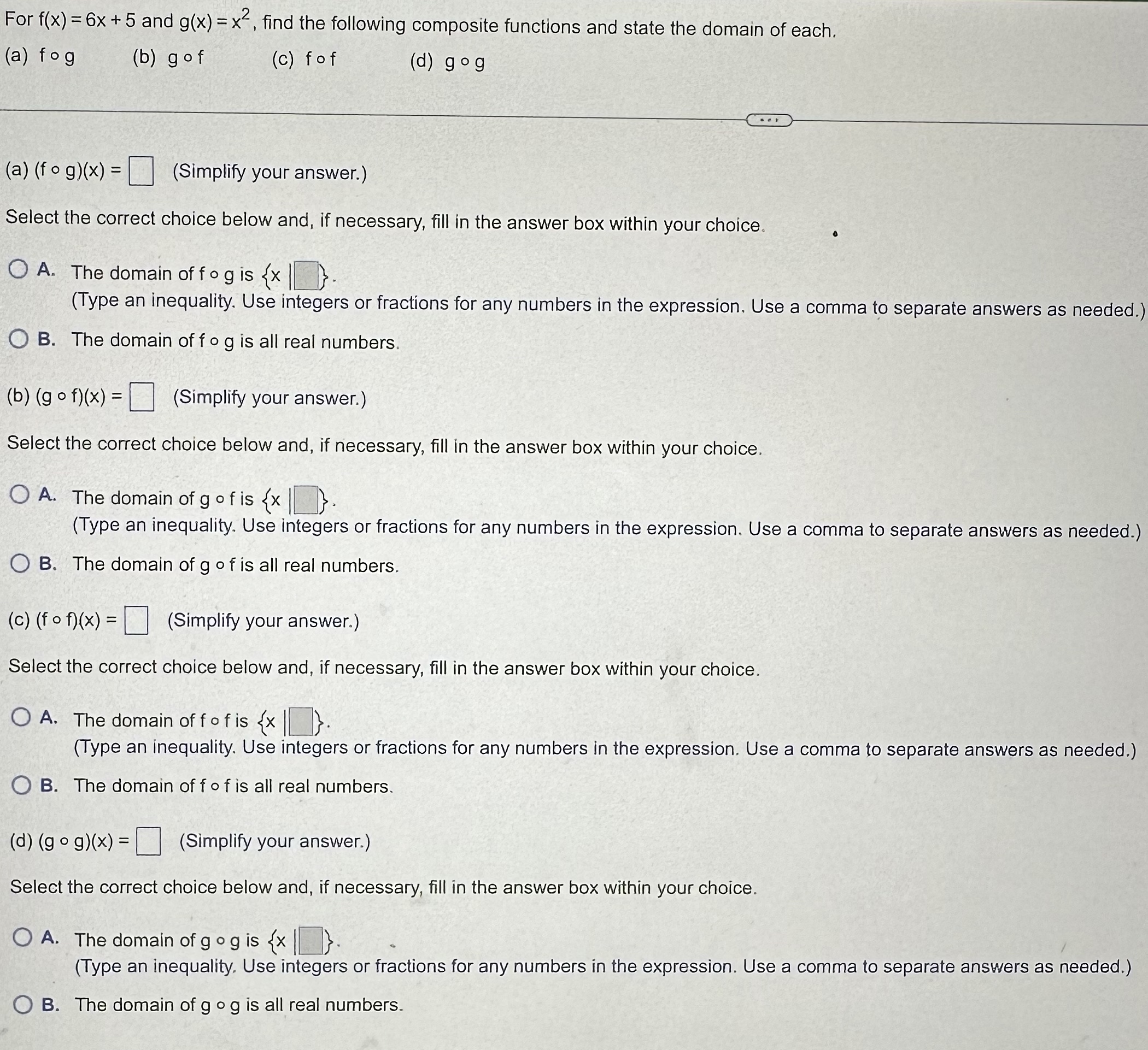Solved For f(x)=6x+5 and g(x)=x2, find the following | Chegg.com