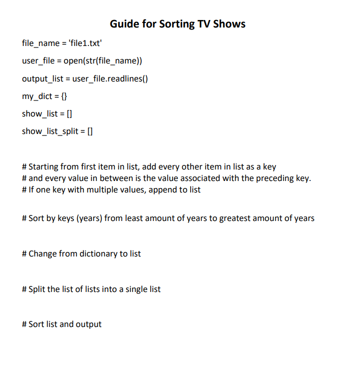 Solved LAB: Sorting TV Shows (dictionaries and lists) Hello! | Chegg.com