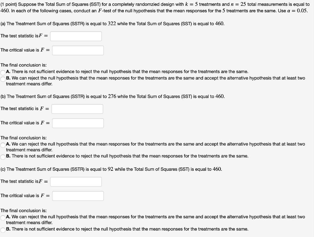 Solved (1 point) Suppose the Total Sum of Squares (SST) for | Chegg.com