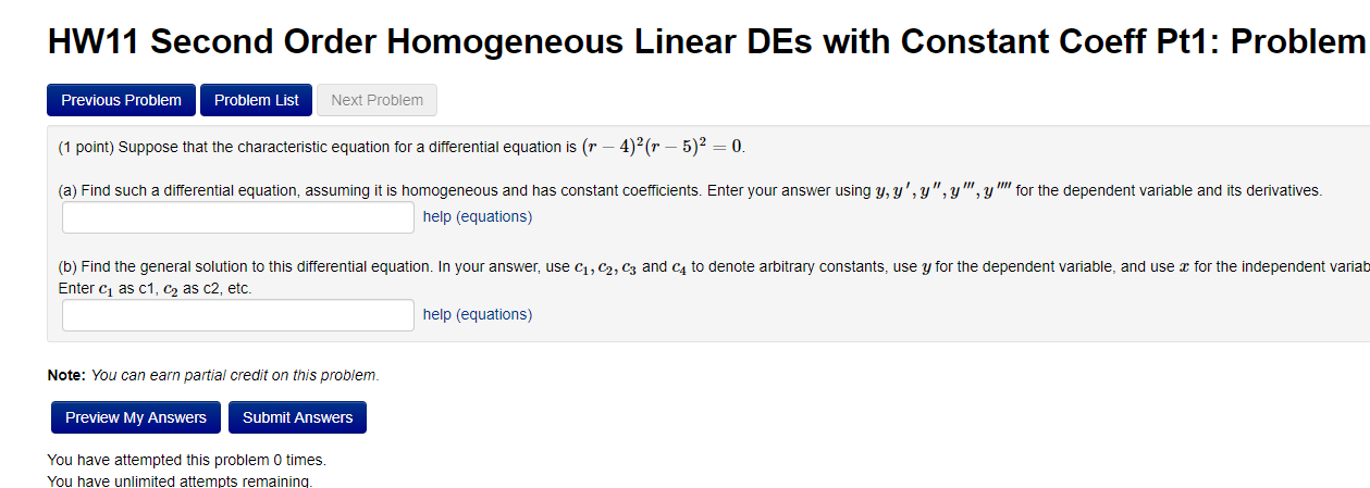 Solved HW11 Second Order Homogeneous Linear DEs with | Chegg.com