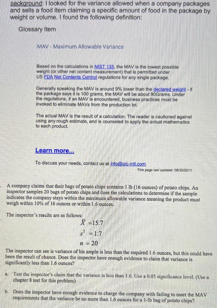 Backoround: llooked for the variance allowed when a | Chegg.com
