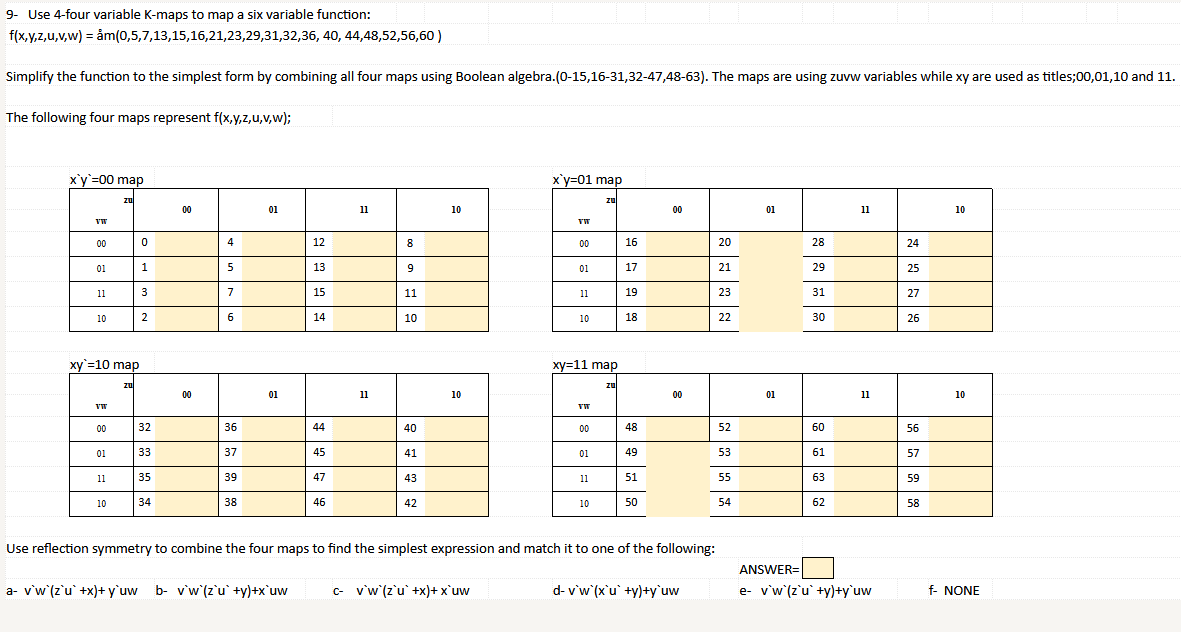 Solved 9- Use 4-four variable K-maps to map a six variable | Chegg.com Solved 9- Use 4-four variable K-maps to map a six variable | Chegg.com