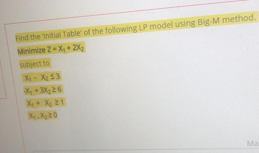 Solved Find the 'Initial Table of the following LP model | Chegg.com