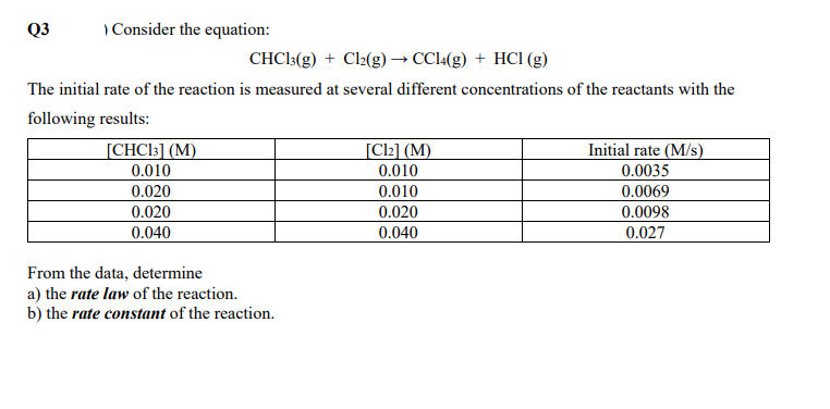 Solved Q3 Consider the equation: CHCl3(g) + Cl2(g) → CCl4(g) | Chegg.com