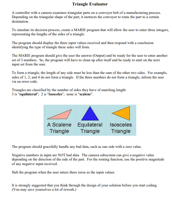 Solved Read the attached spec for a "Triangle Evaluator" | Chegg.com