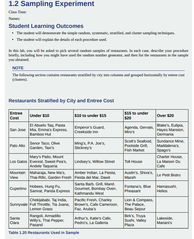 Solved 1.2 Sampling Experiment Class Time: Names: Student | Chegg.com