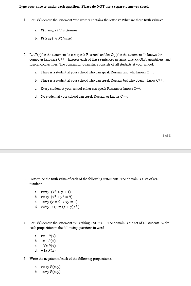Solved Type your answer under each question. Please do NOT | Chegg.com