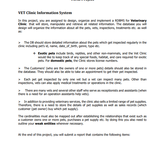 Solved VET Clinic Information System In this project, you | Chegg.com