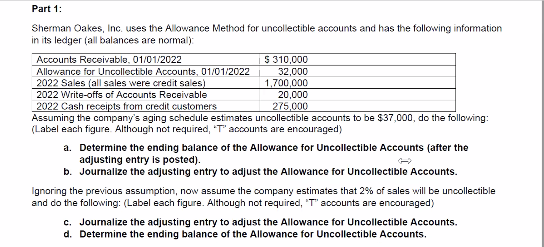 Solved Part 1:Sherman Oakes, Inc. uses the Allowance Method | Chegg.com