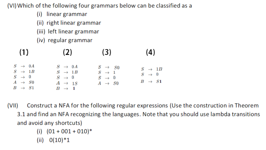 Solved (VI) Which of the following four grammars below can | Chegg.com