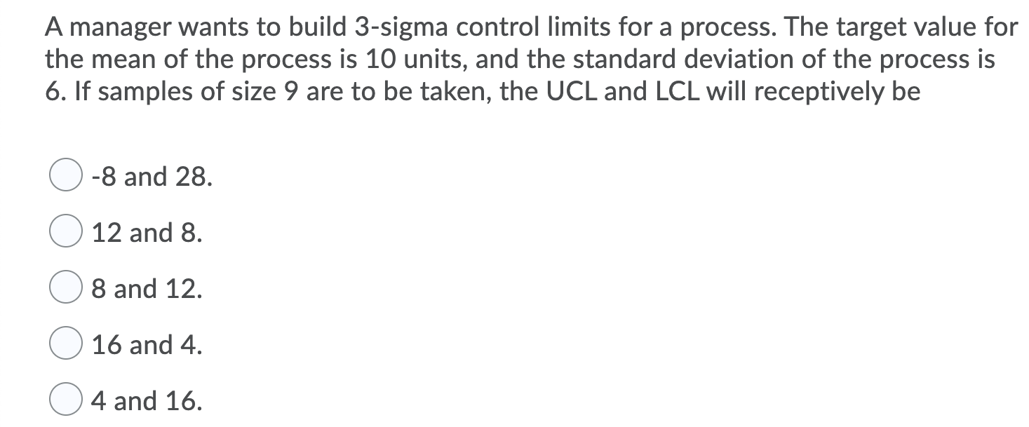 Solved A manager wants to build 3-sigma control limits for a | Chegg.com