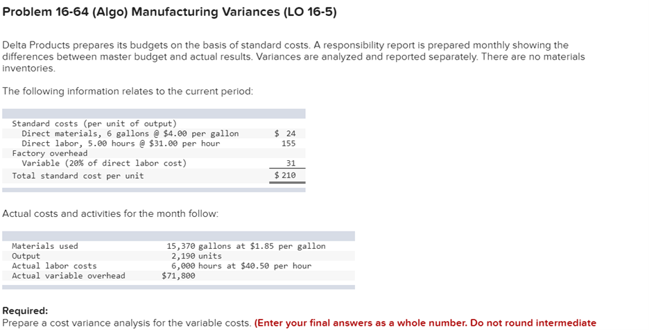 Solved Problem 16-64 (Algo) Manufacturing Variances (LO | Chegg.com
