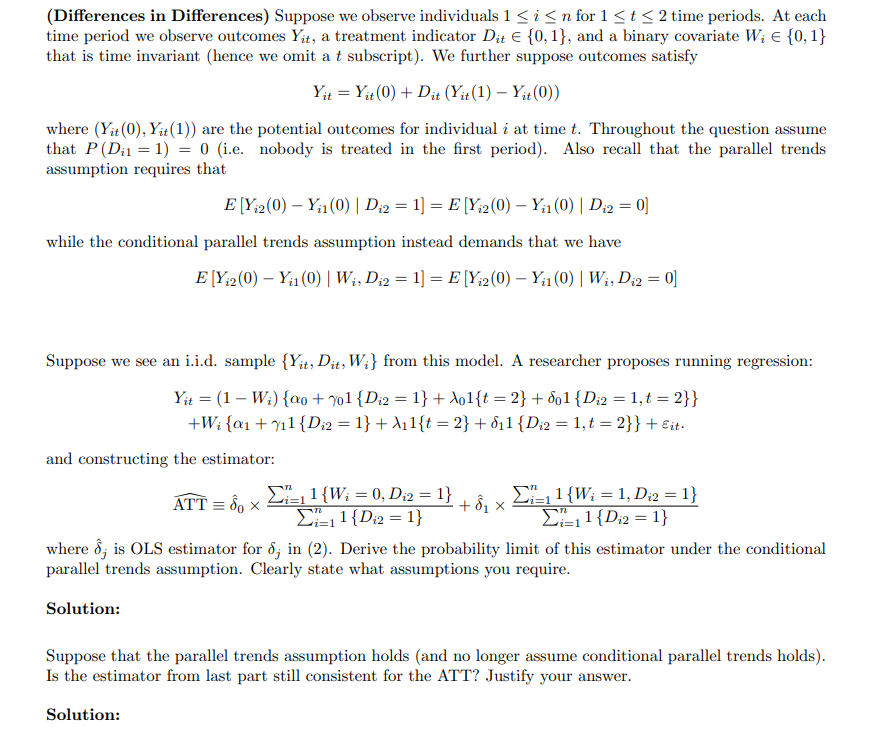 Solved (Differences in Differences) Suppose we observe | Chegg.com