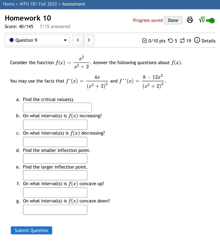 Solved Consider the function f(x)=x2+2x2. Answer the | Chegg.com