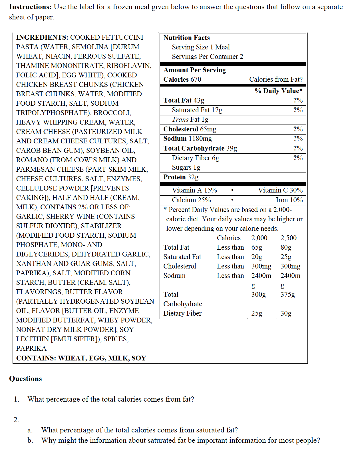 Solved Instructions: Use the label for a frozen meal given | Chegg.com