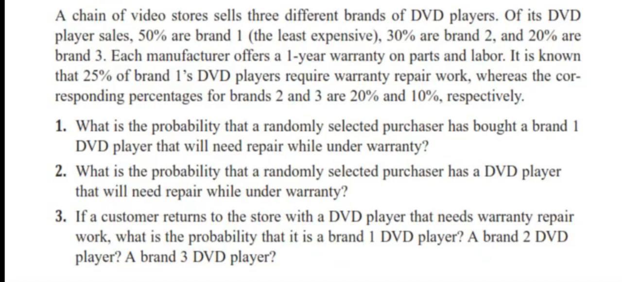 Solved A chain of video stores sells three different brands | Chegg.com