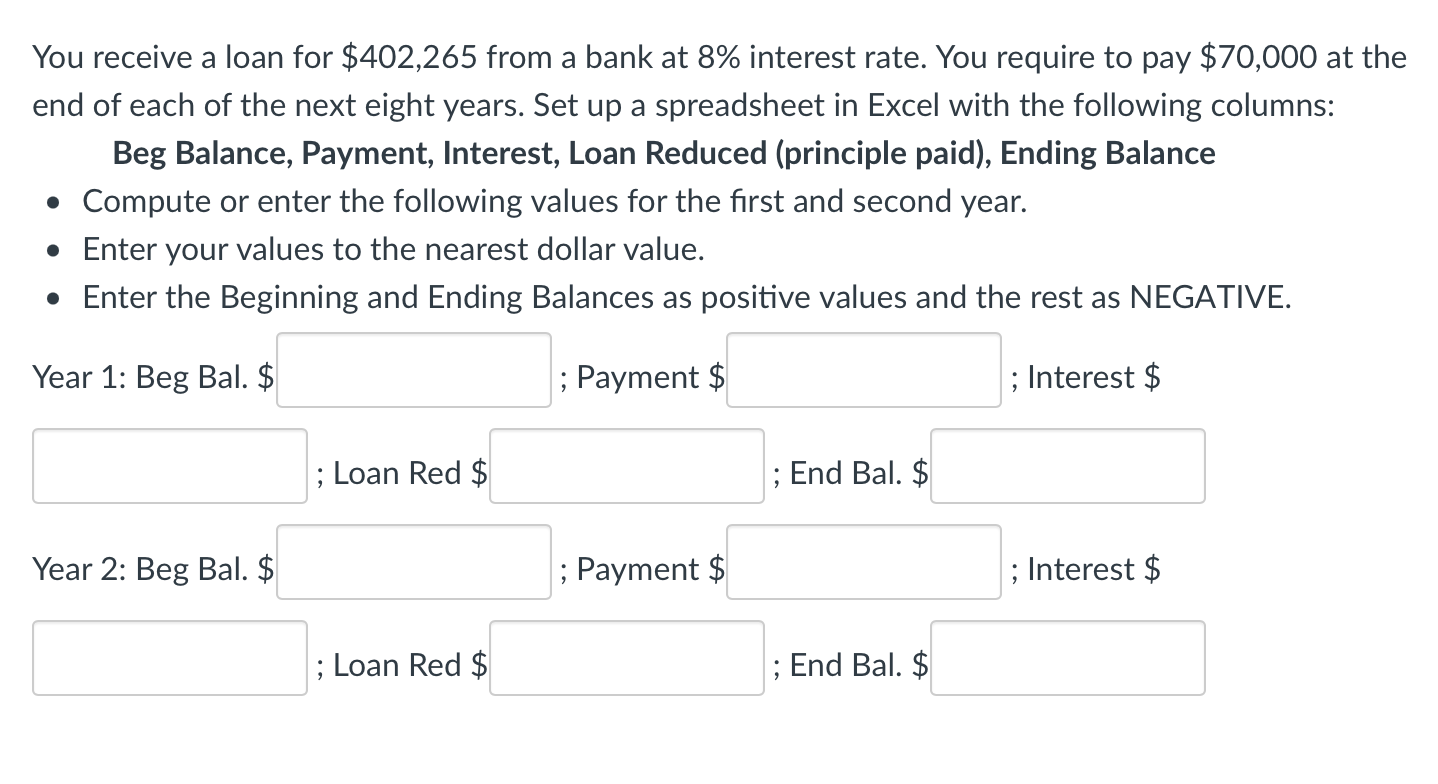 Solved You receive a loan for $402,265 from a bank at 8% | Chegg.com