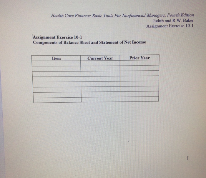Solved Assignment Exercise 10-1: Components of Balance Sheet | Chegg.com