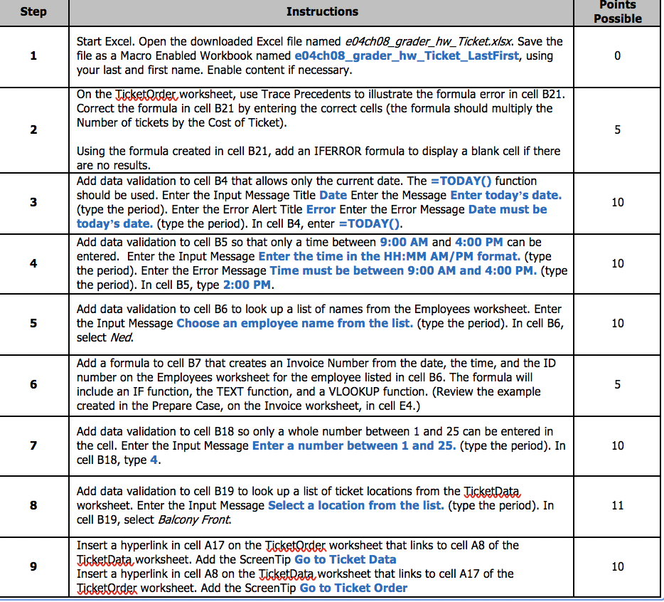 Points Possible Step Instructions Start Excel. Open | Chegg.com