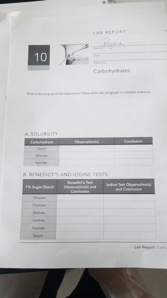 LAB REPORT 10 Carbohydrates What is the purpose of | Chegg.com