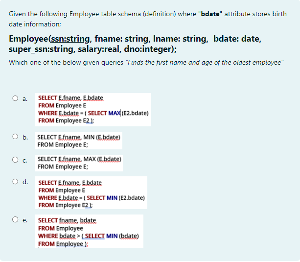 Solved Given the following Employee table schema | Chegg.com