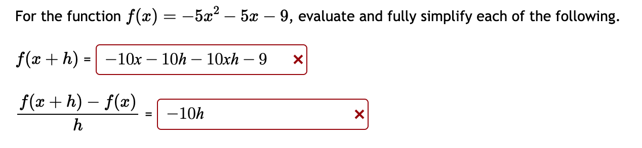 Solved For the function \\( f(x)=-5 x^{2}-5 x-9 \\), | Chegg.com