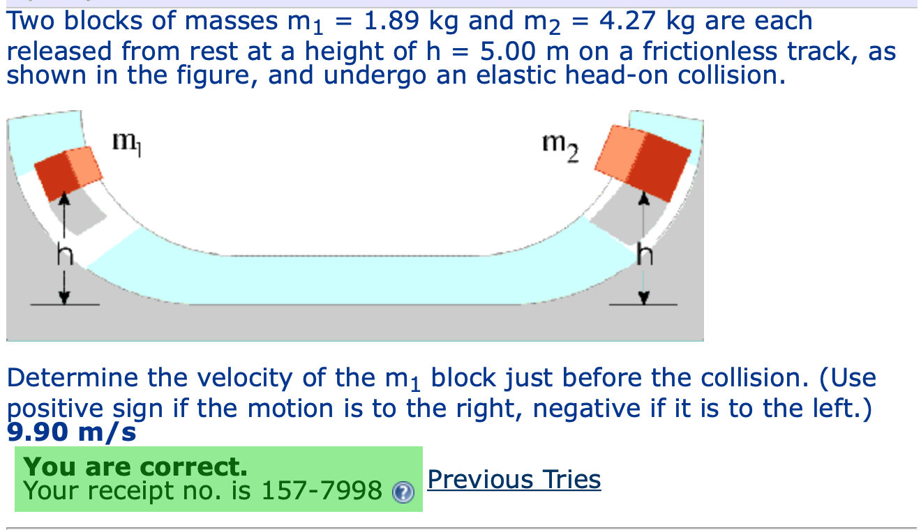 Solved Two blocks of masses m1 = 1.89 kg and m2 released | Chegg.com