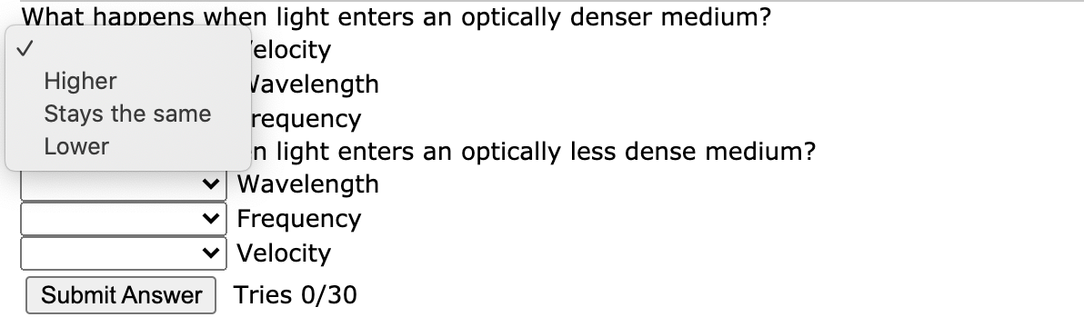 Solved What happens when light enters an optically denser | Chegg.com