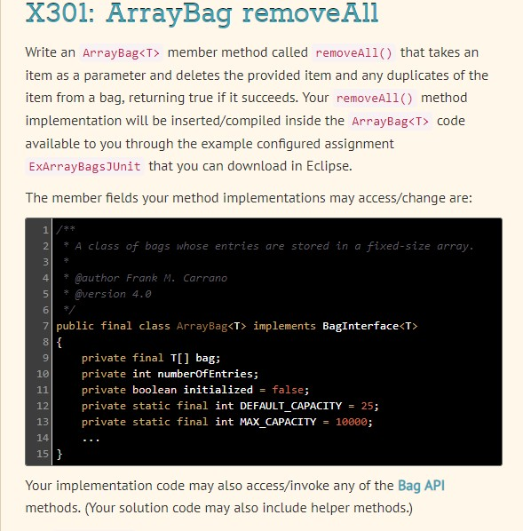 Solved X301: ArravBag removeAl Write an ArrayBag code | Chegg.com